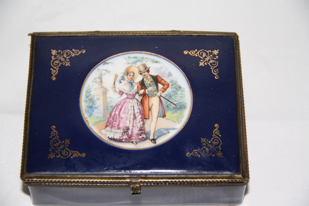 A Porcelain Card Box, a Cobalt Blue Lidded Box With Central Decoration ...
