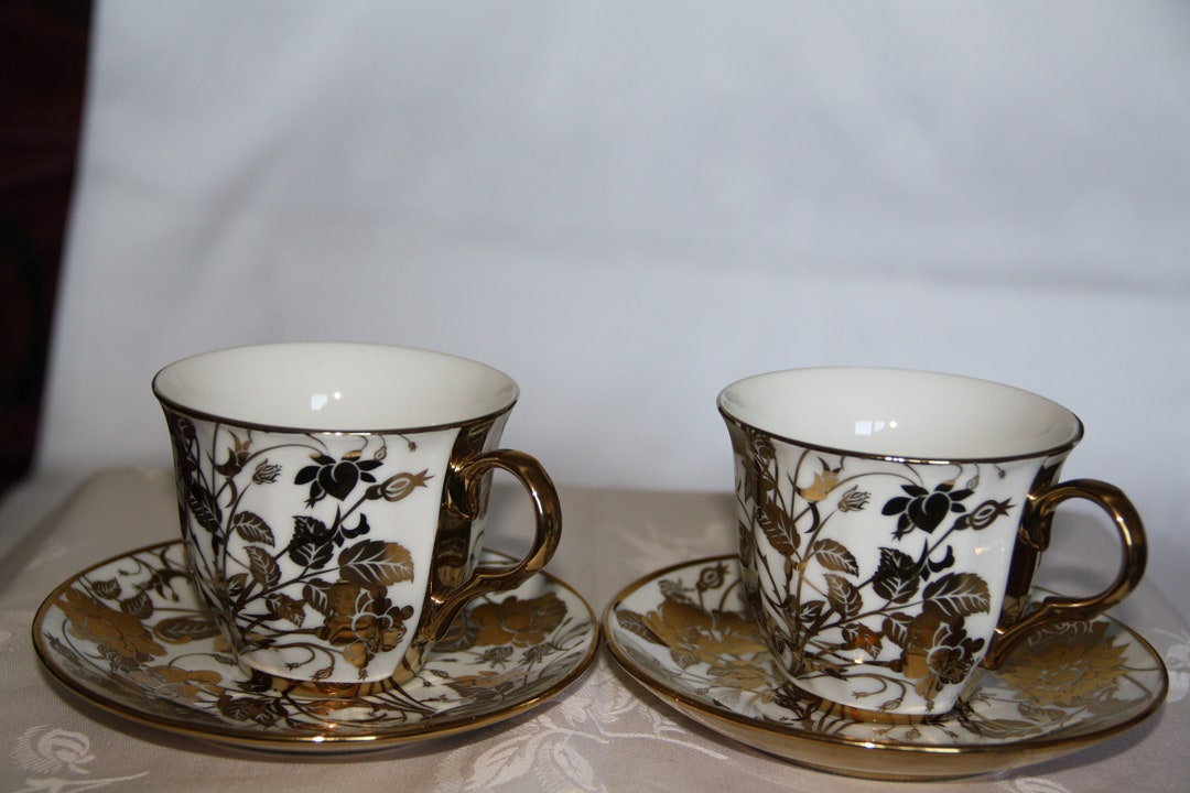 Two Porcelain Tea Cups and Saucers With Rich Gold Rose Flower Pattern ...