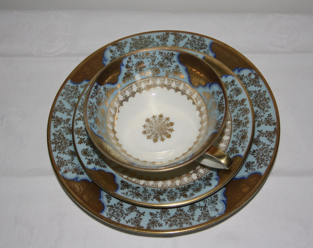 A Vintage Porcelain Tea Trio, a Hand Decorated Tea Cup, Saucer and Dessert Plate, Marked for ...