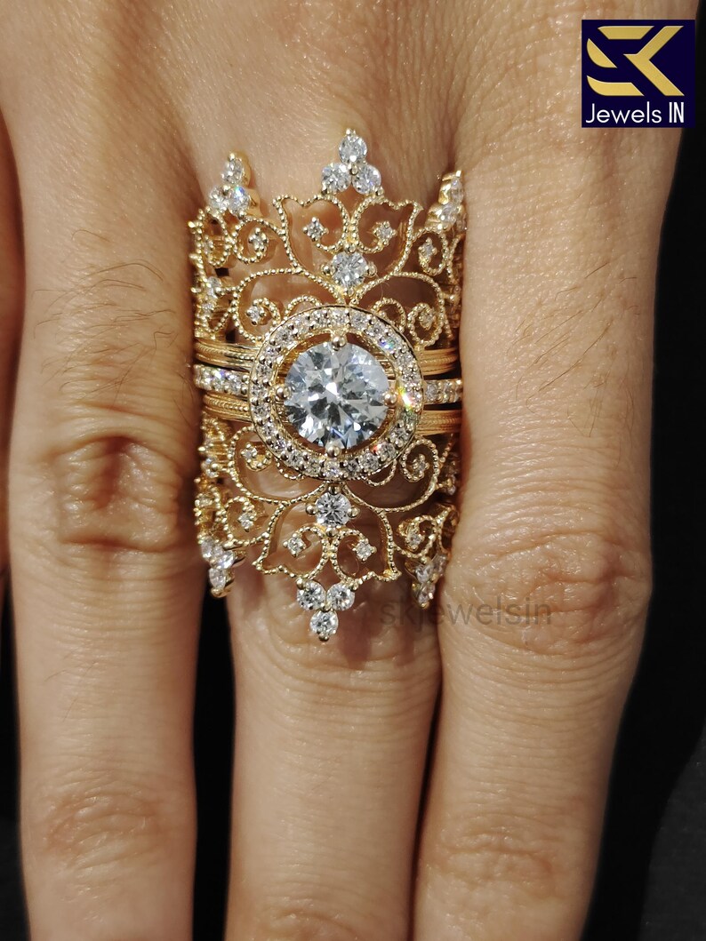 Vintage Engagement Set, 18K Gold Bridal Ring Set, Unique Wedding Ring ...