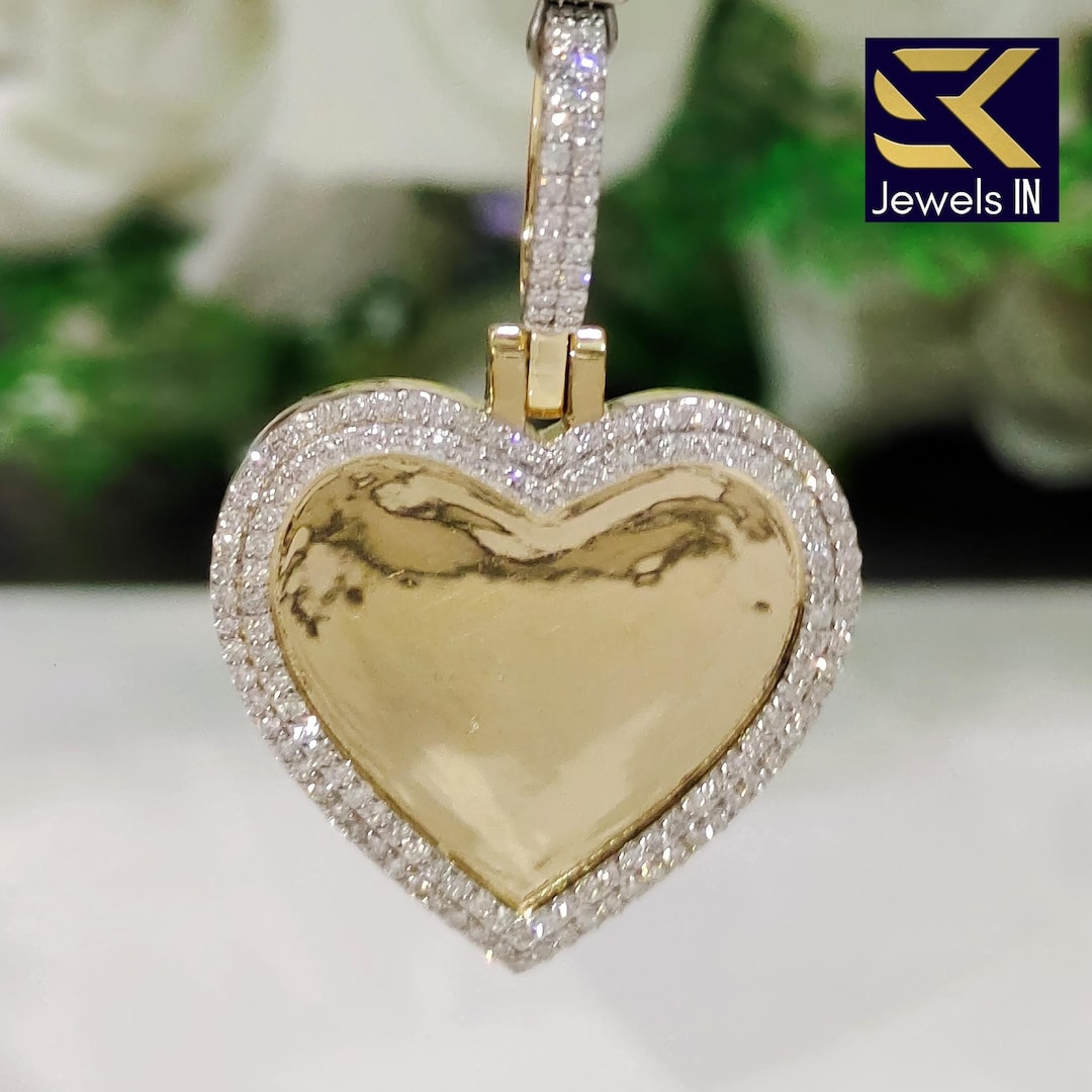 Solid Gold Heart Photo Pendant: Moissanite Diamond Personalized Charm ...