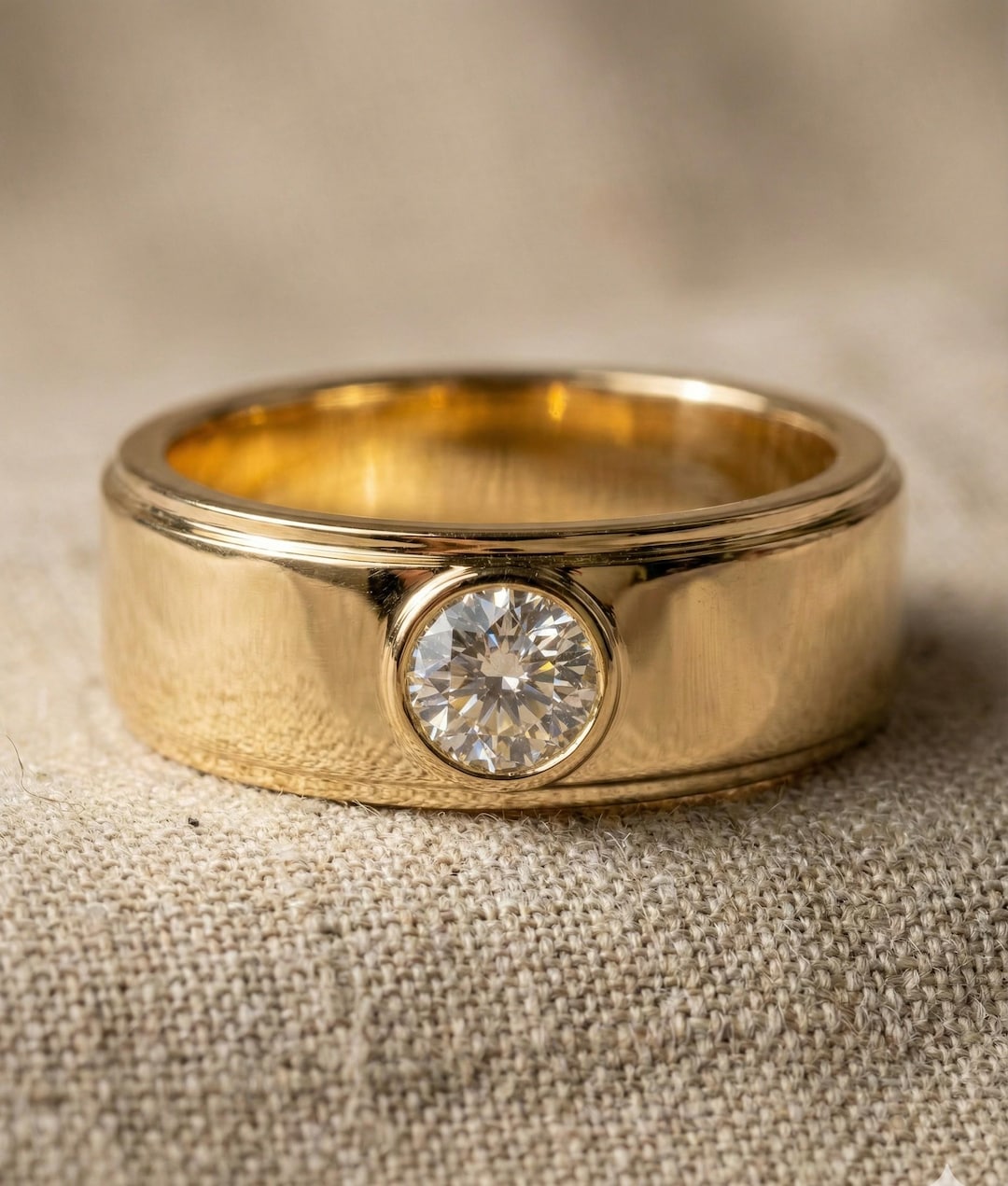 Men's Gold Wedding Ring, 1.50 CT Round Cut Moissanite Bezel Set Band ...