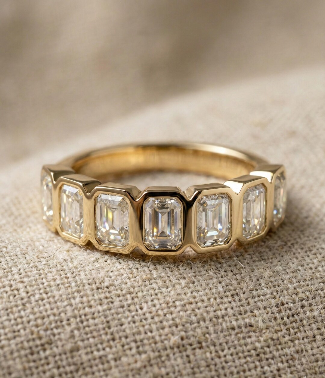 14K Gold Bezel Set Seven Stone Moissanite Band Ring | Stacking Diamond ...
