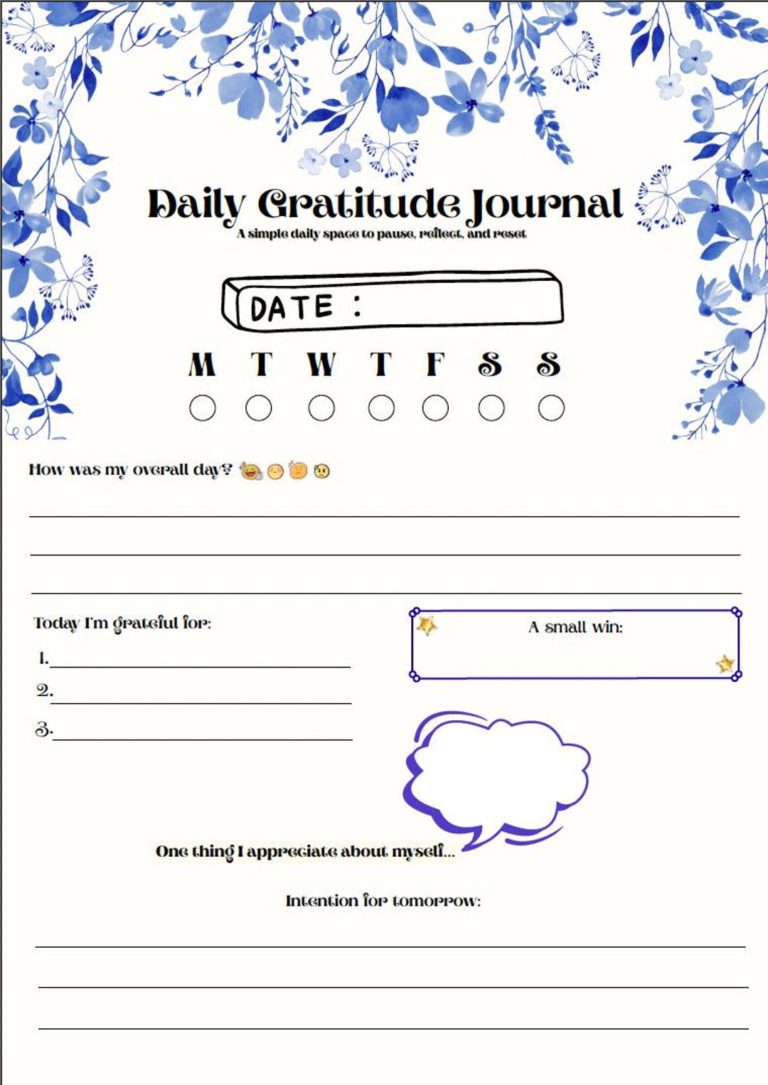 Daily Gratitude Journal Printable | Simple Self Reflection Page ...