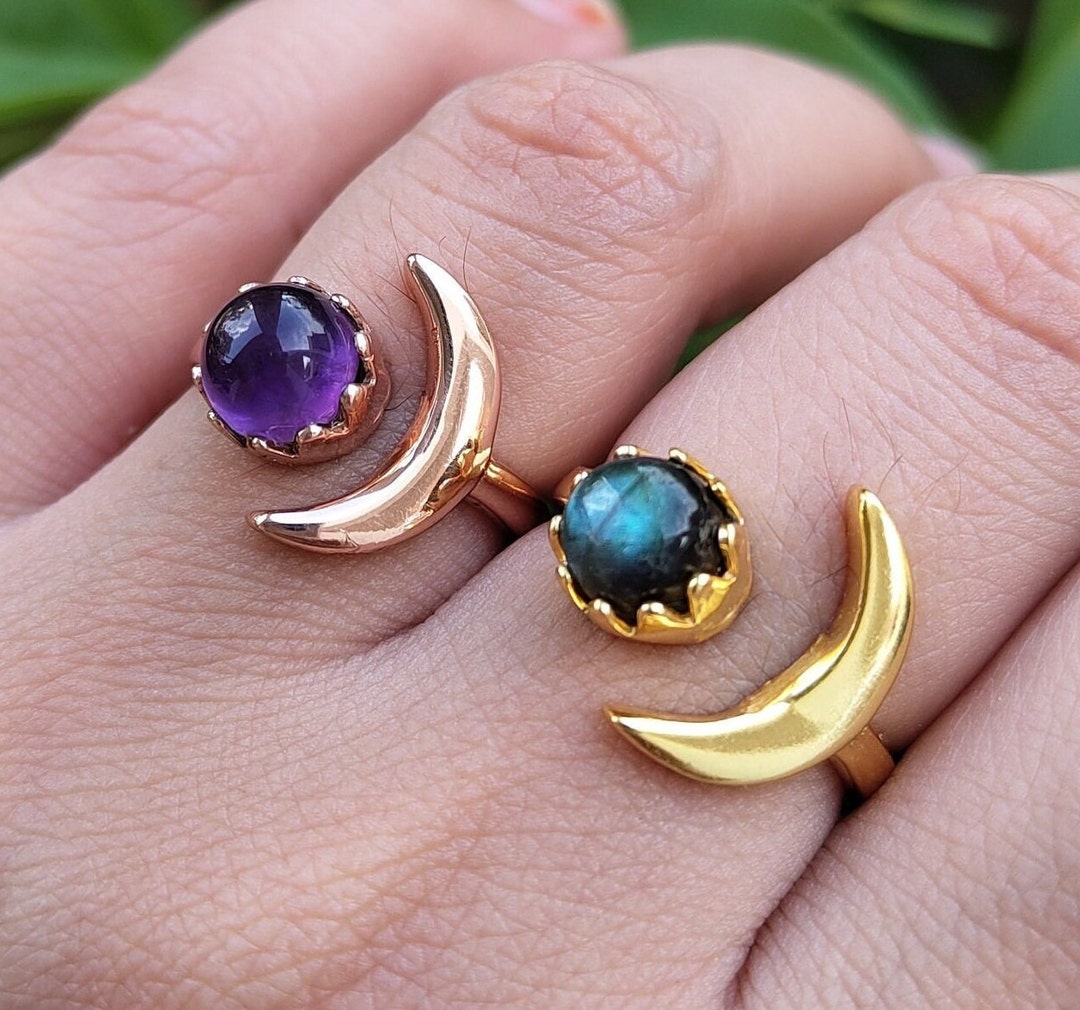 Sun Moon Ring, Crescent Moon Ring, Purple Moon Ring, Rainbow Moon Ring, Adjustable Rings ...