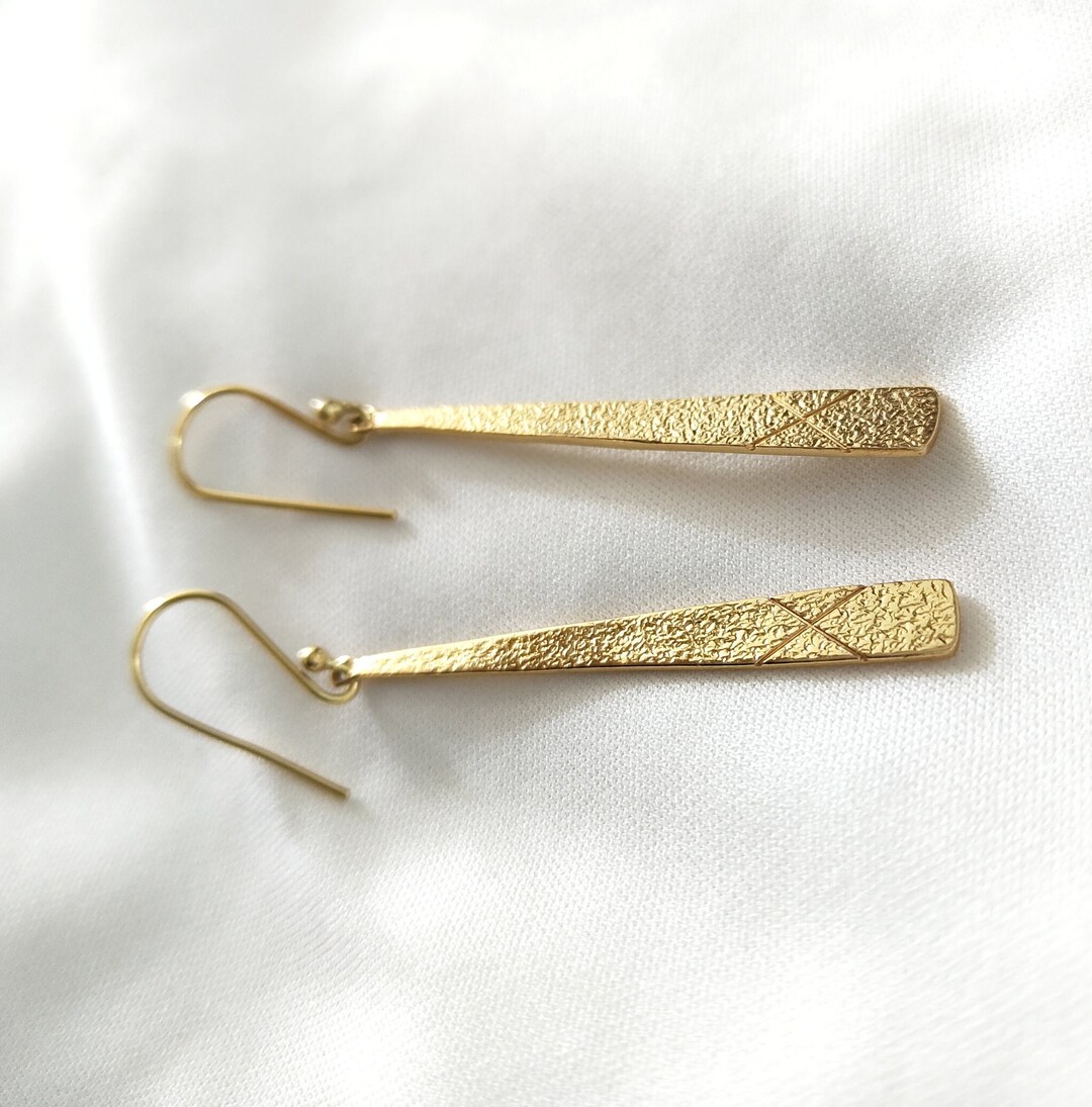 14K Gold Long Bar Slim Earring, Simple Bar Earrings, Straight Bar ...