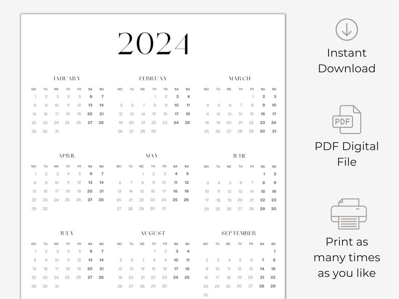 2024 Yearly Calendar A4 Printable Instant Digital Download - Etsy Australia