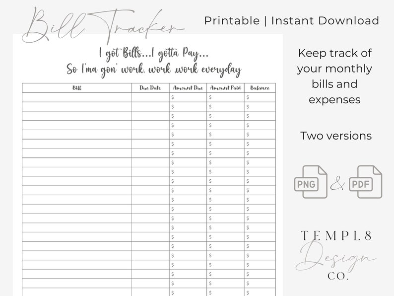 Bill Tracker | Printable | Instant Digital Download | 2 Designs - Etsy