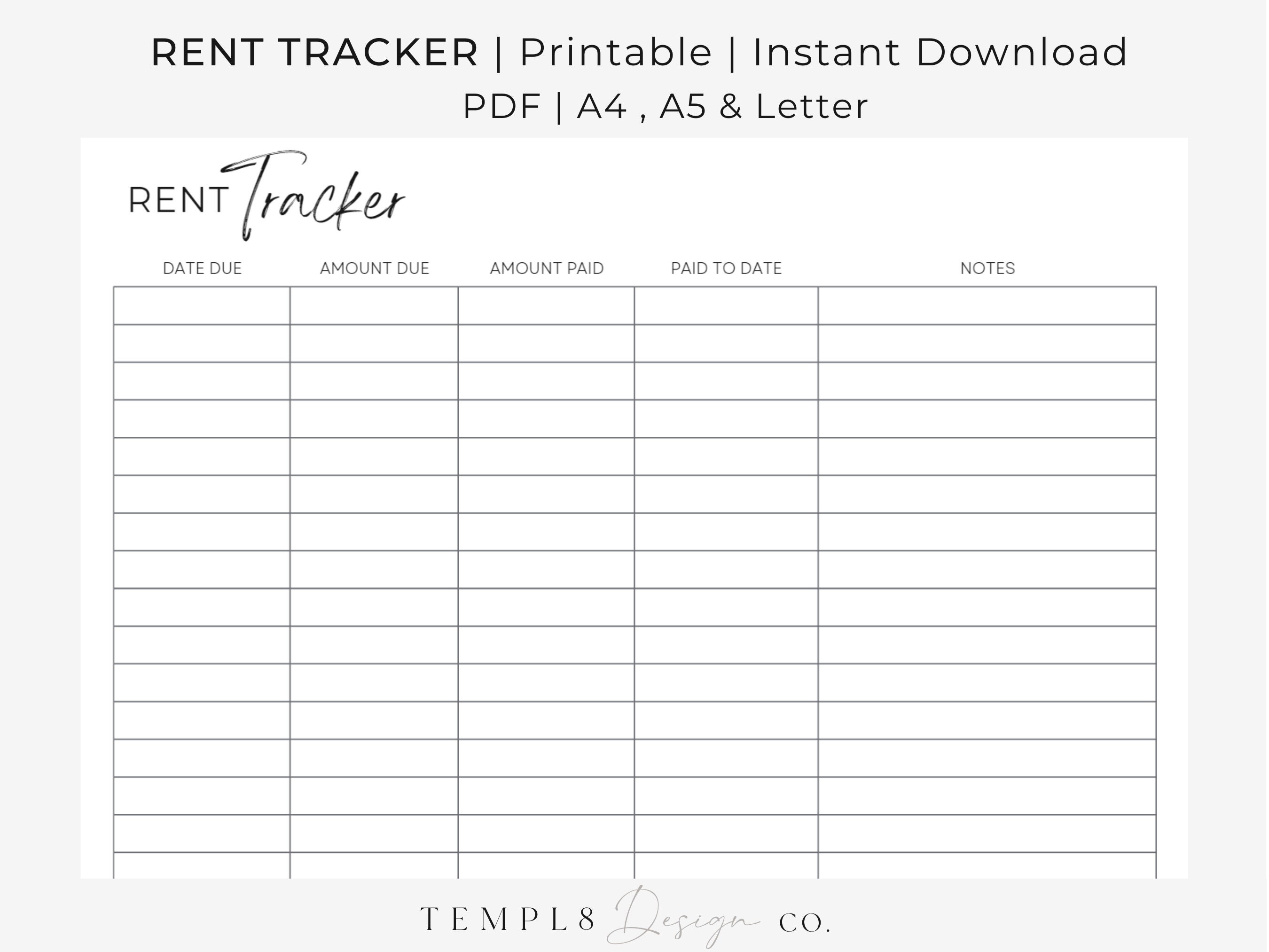 Rent Tracker | Printable | Instant Digital Download | Minimalist - Etsy