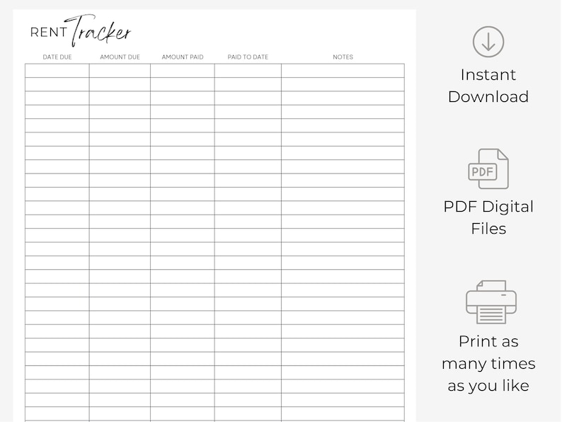 Rent Tracker | Printable | Instant Digital Download | Minimalist - Etsy