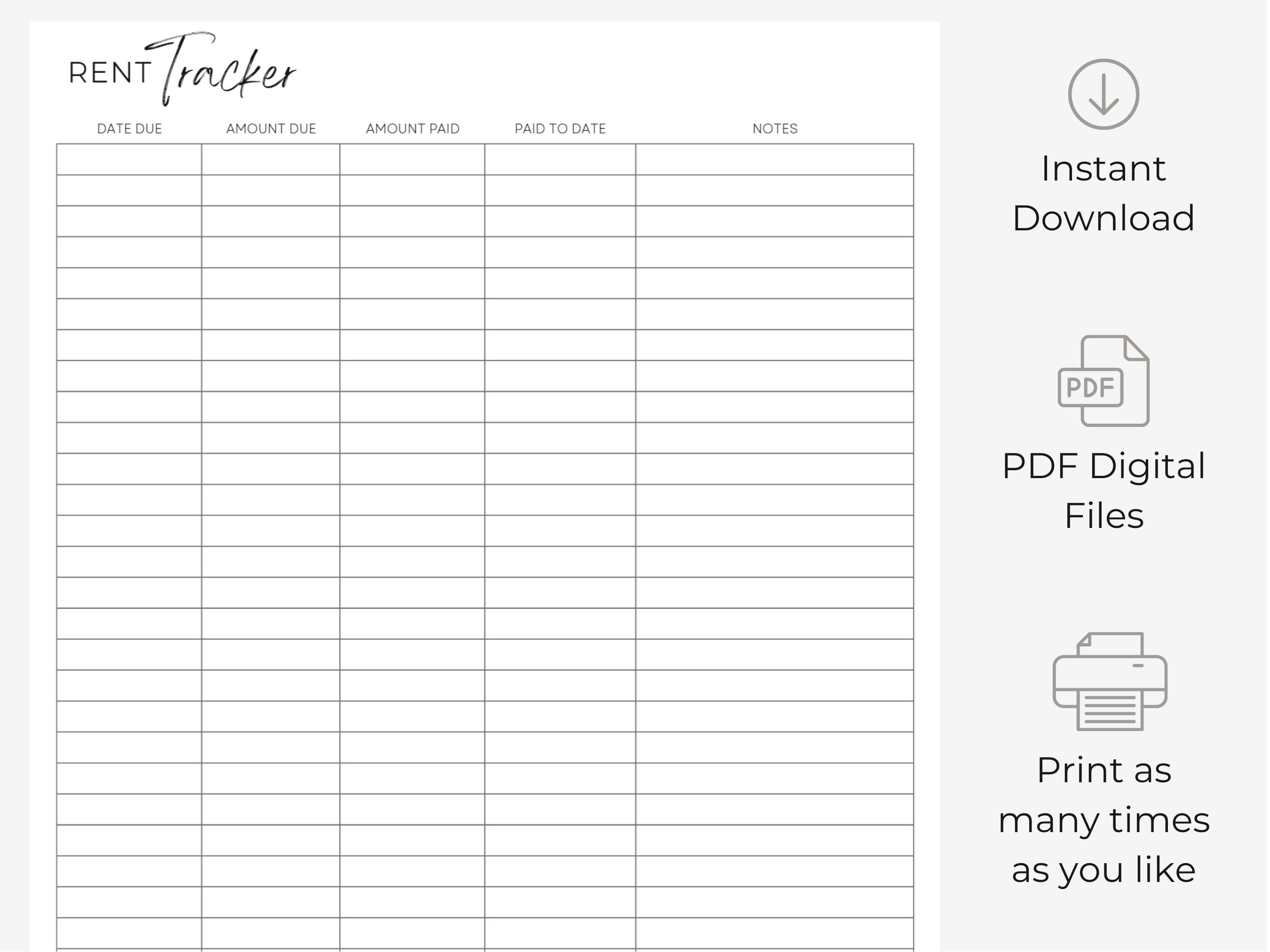Rent Tracker | Printable | Instant Digital Download | Minimalist - Etsy