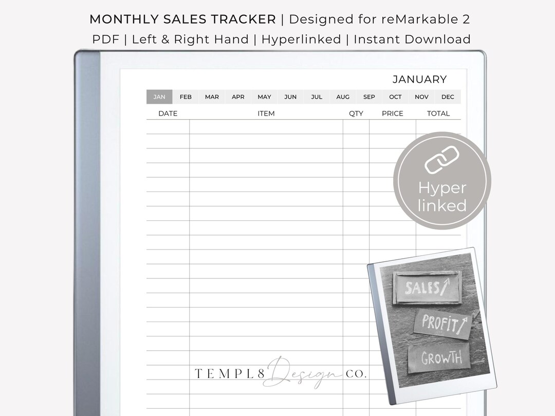Monthly Sales Tracker | Remarkable 2 Template | Hyperlinked | Left ...