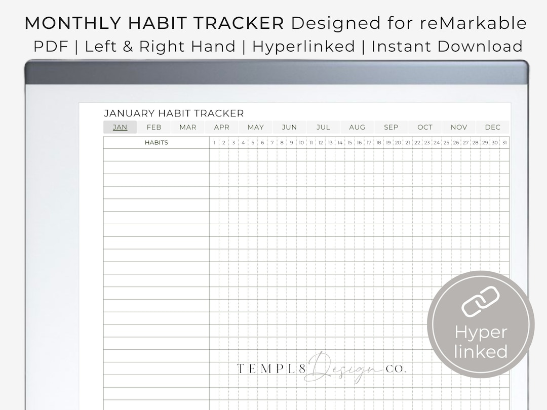 Monthly Habit Tracker | Remarkable 2 Template | Hyperlinked | Left ...