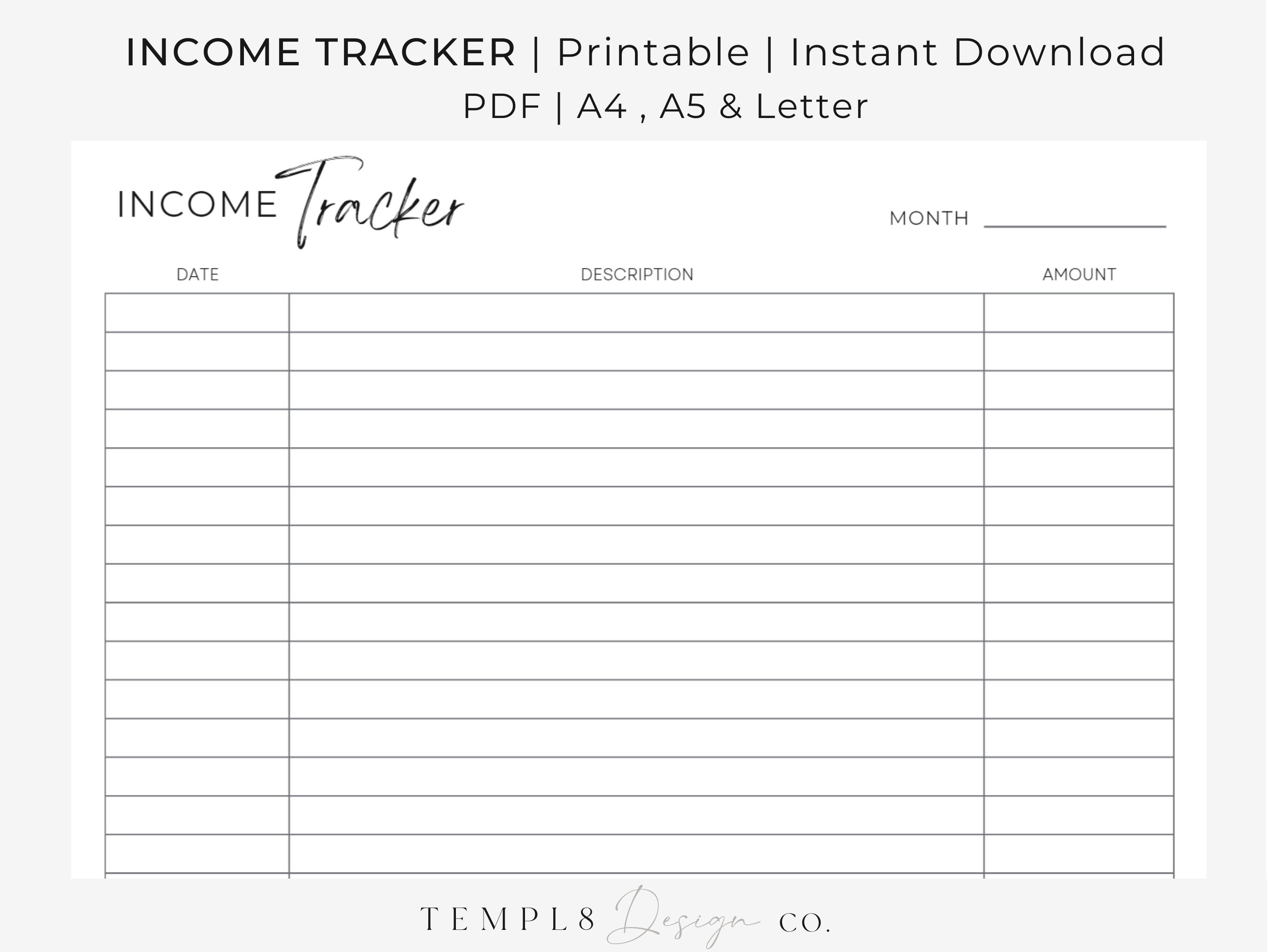 Income Tracker | Printable | Instant Digital Download | Minimalist - Etsy