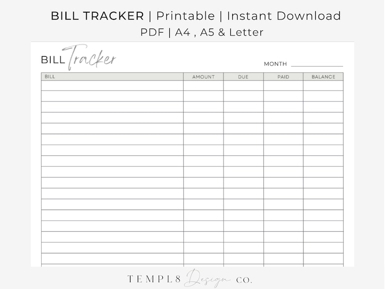Monthly Bill Tracker | Printable | Instant Digital Download - Etsy