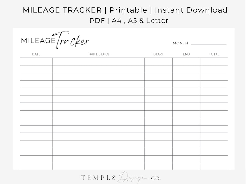Mileage Tracker | Printable | Instant Digital Download - Etsy