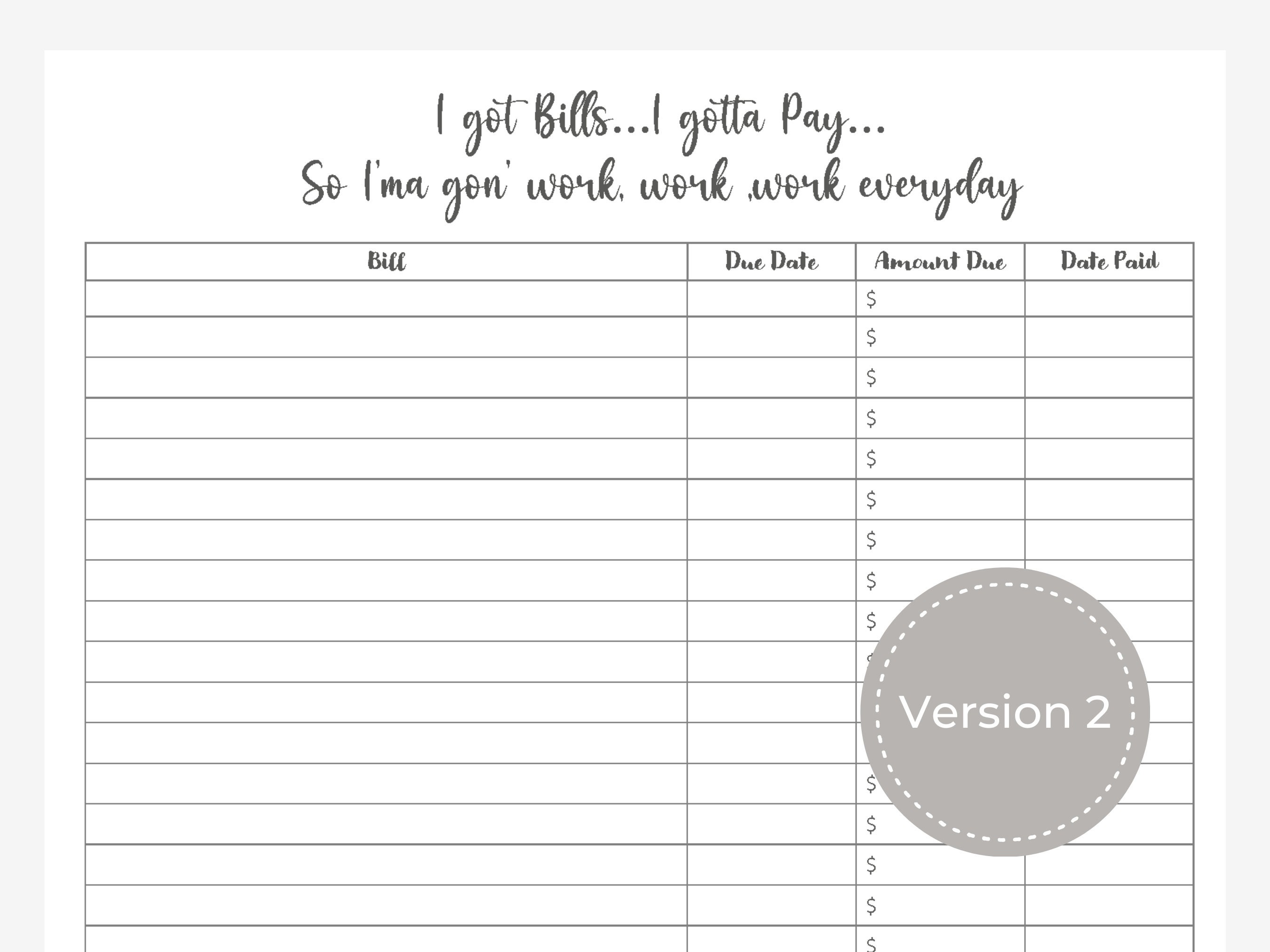 Bill Tracker Printable Instant Digital Download 2 Designs - Etsy