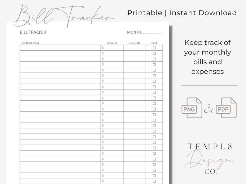 Bill Tracker Printable Instant Digital Download - Etsy