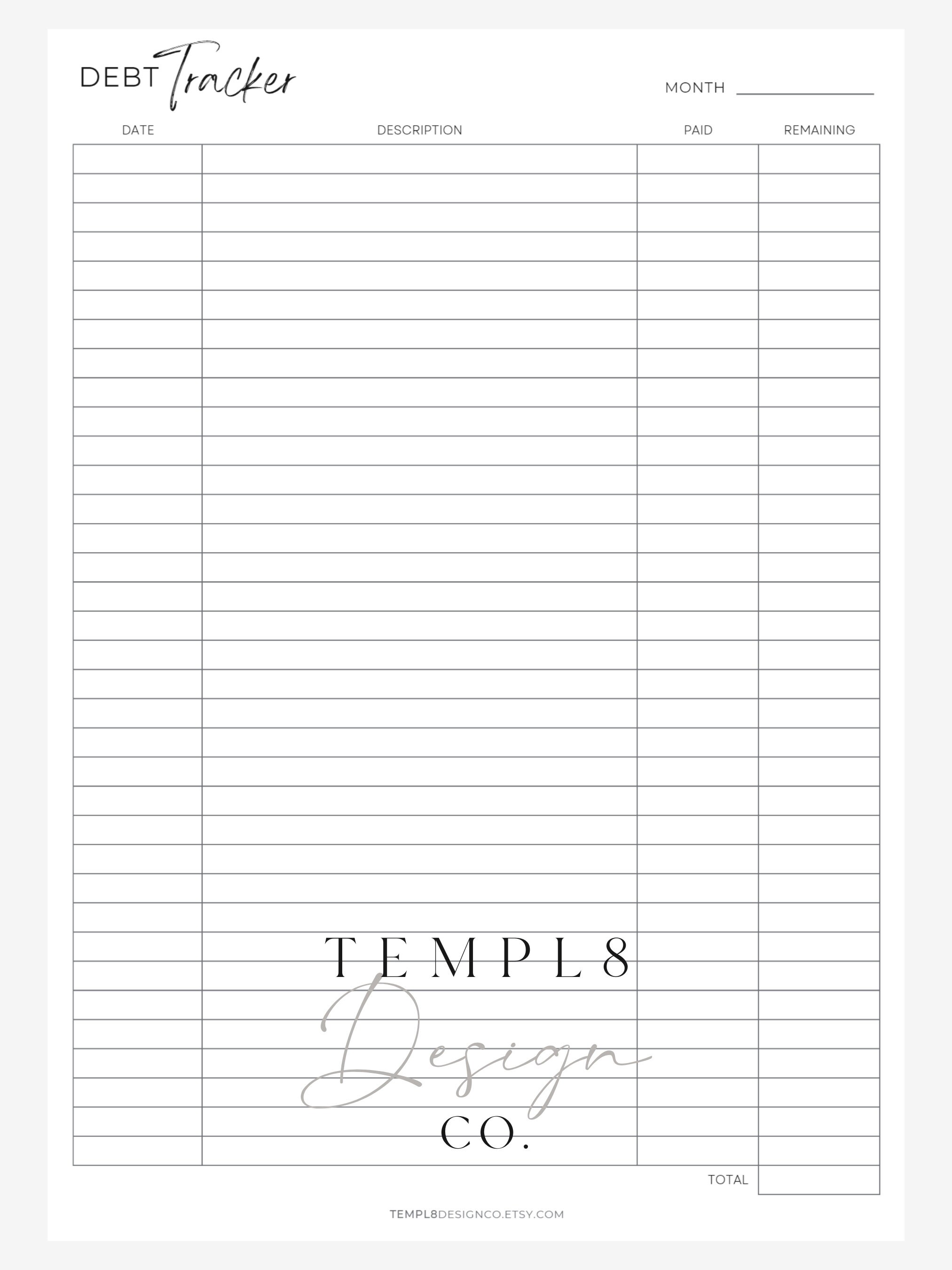 Debt Tracker Printable Instant Digital Download - Etsy