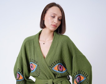 Turkish Cotton Green Evil Eye Kimono, Cardigan Robe, Evil Eye Ethnic ...