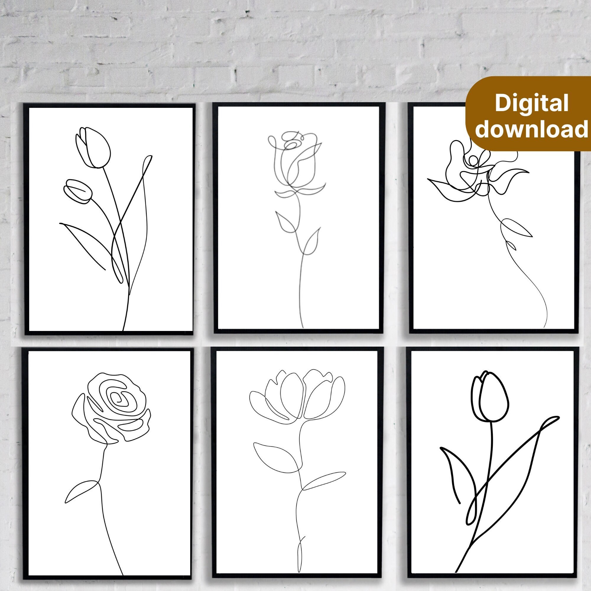 One Line Art Flower Set of 6 Wall Art Printable Modern Gallery Print ...