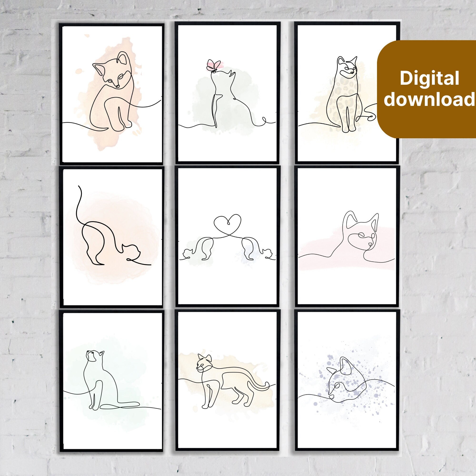 Line Art Cat Drawing Wall Decor Instant Download Prints Cat Lover Pet ...