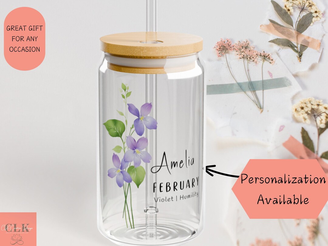 Personalized February Birth Flower Glass Tumbler: Violet Floral Can Cup ...