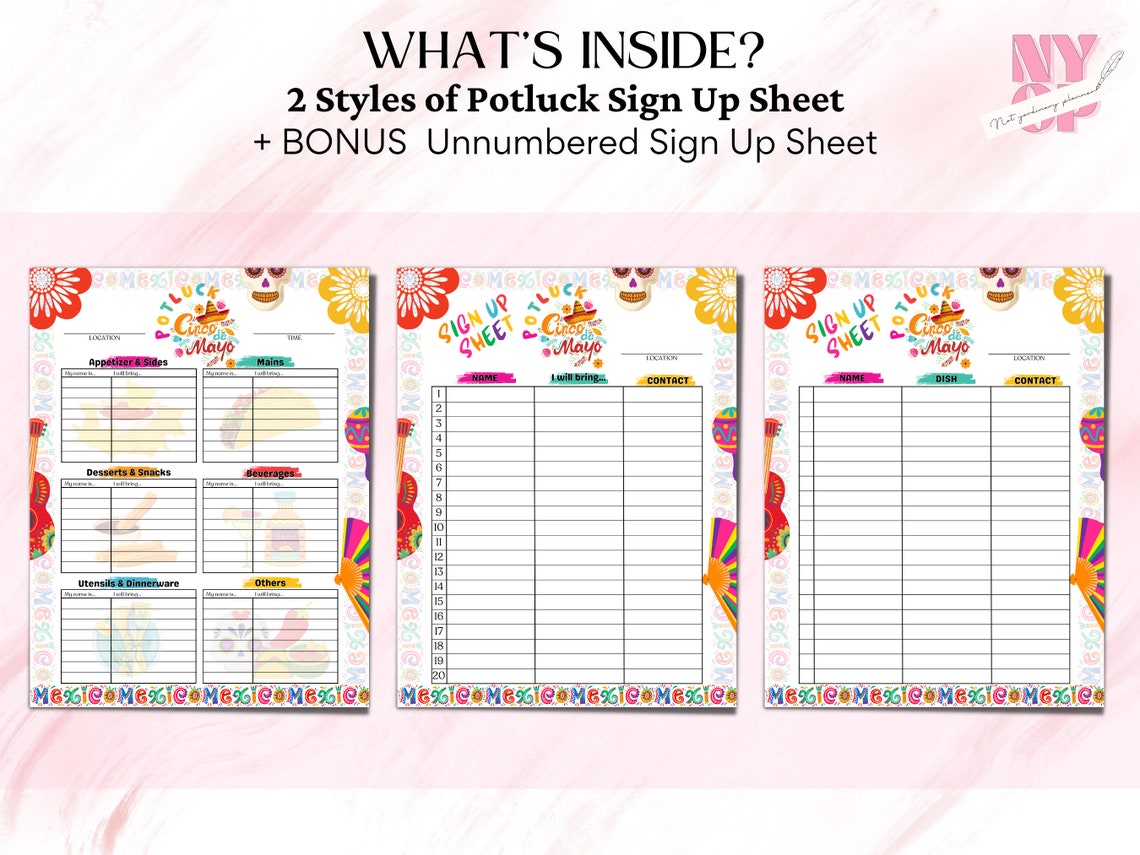 Cinco De Mayo Potluck Sign up Sheet Printable Instant Download W/ Bonus ...