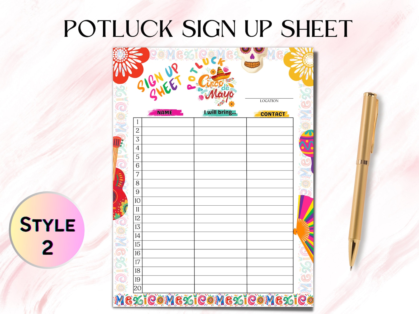 Cinco De Mayo Potluck Sign up Sheet Printable Instant Download W/ Bonus ...