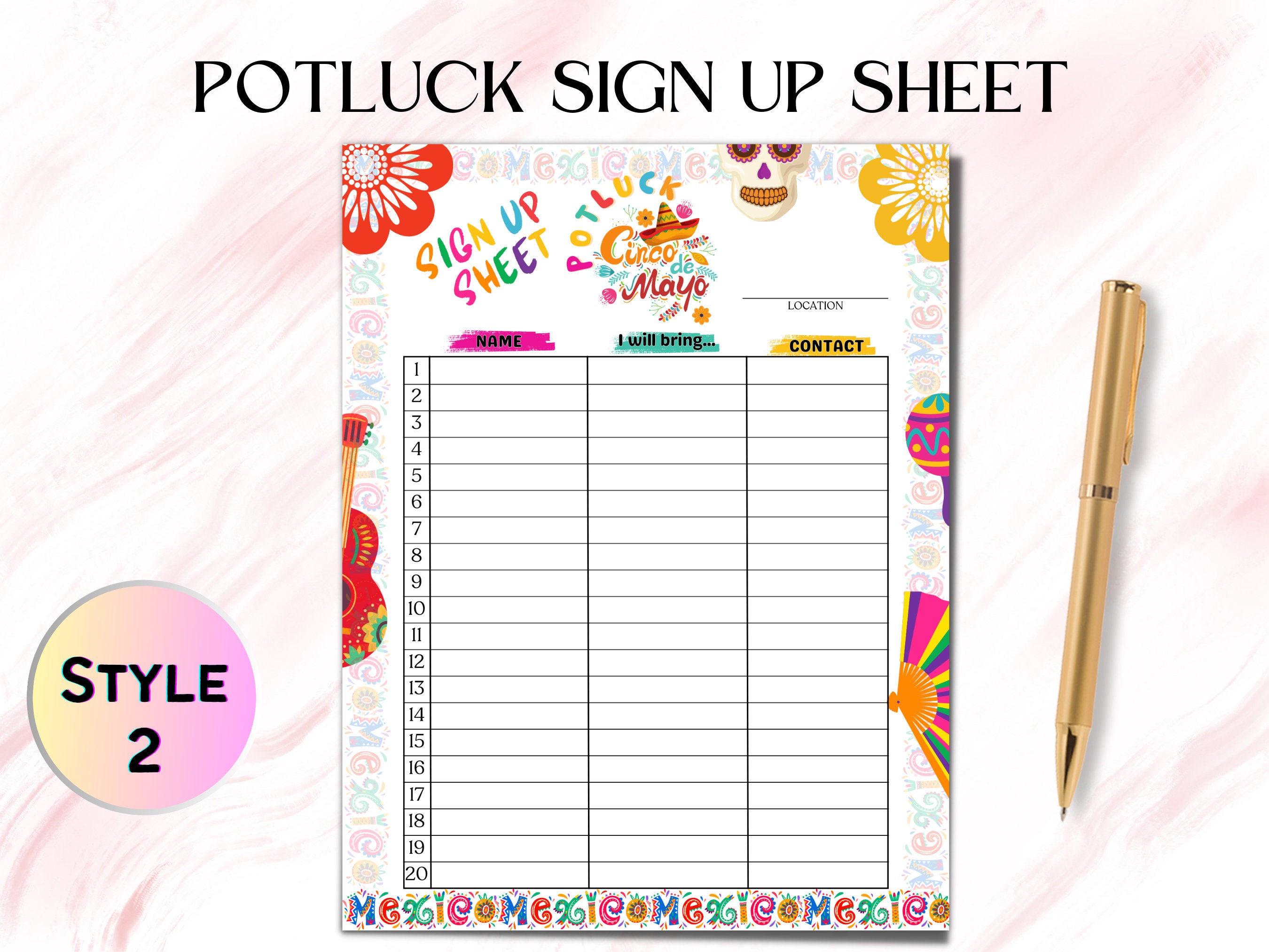 Cinco De Mayo Potluck Sign up Sheet Printable Instant Download W/ Bonus ...