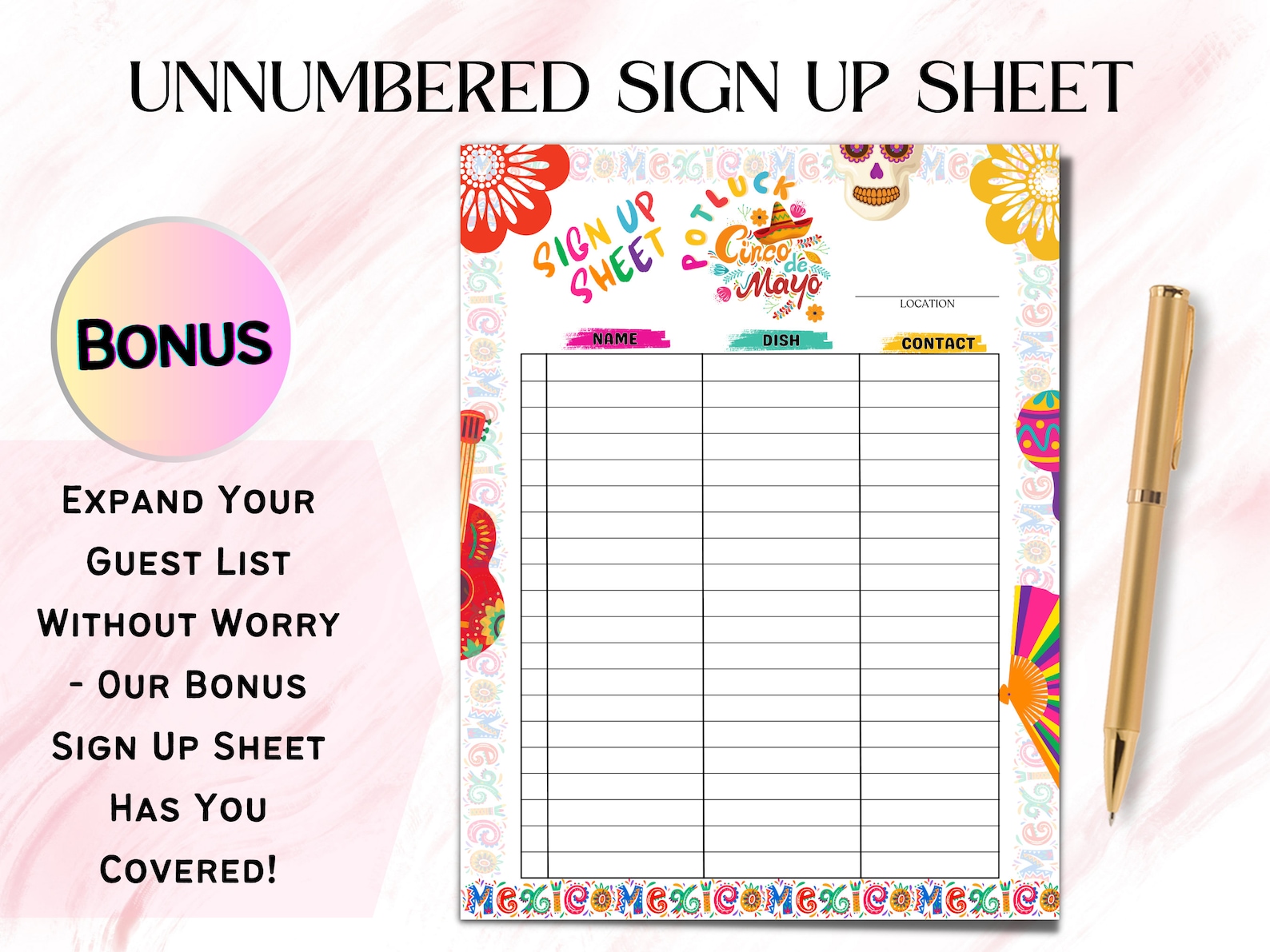 Cinco De Mayo Potluck Sign up Sheet Printable Instant Download W/ Bonus ...