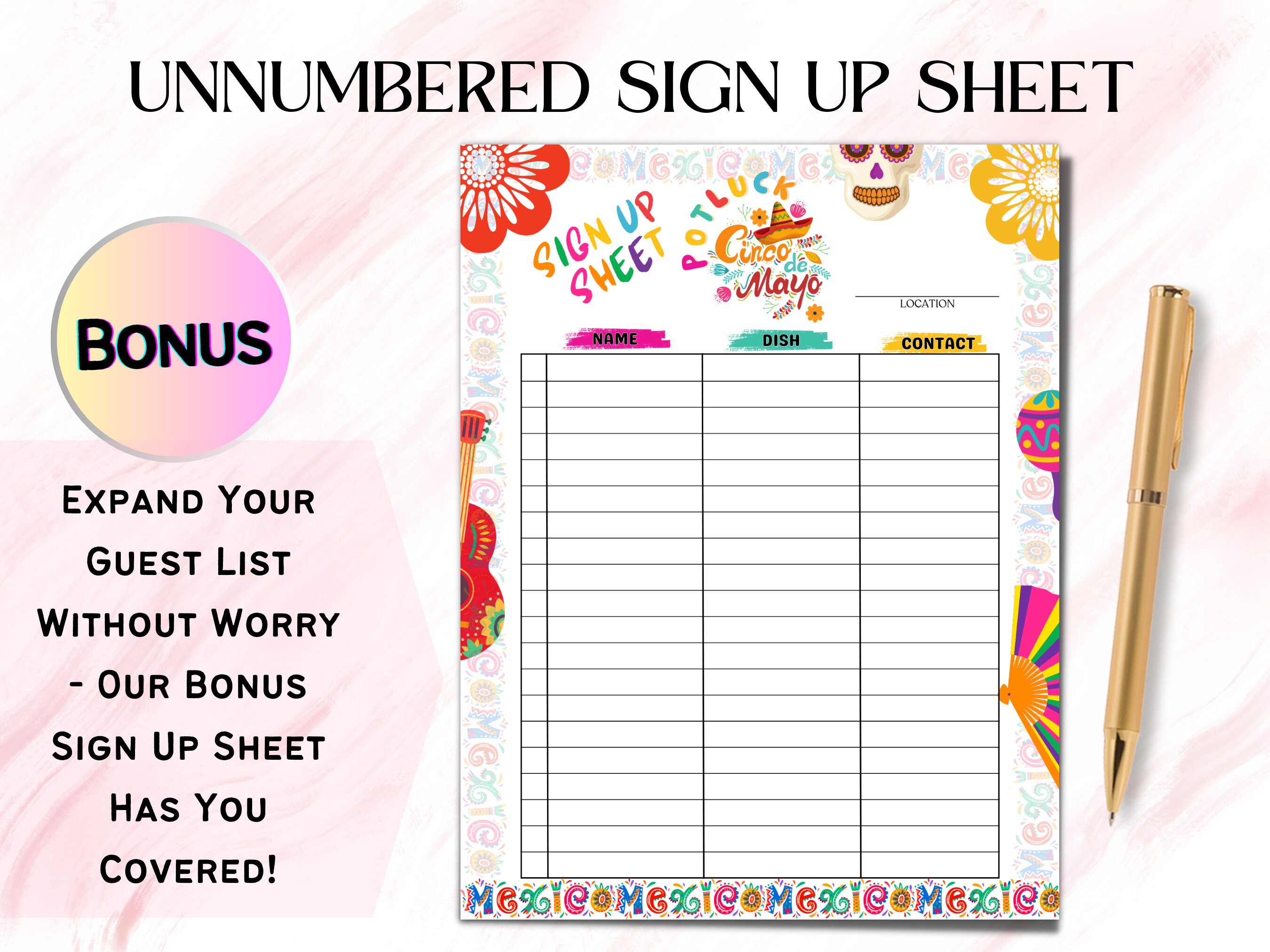 Cinco De Mayo Potluck Sign up Sheet Printable Instant Download W/ Bonus ...