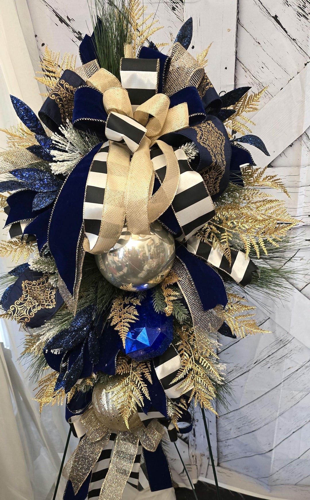 Christmas Swag: Blue & Gold Jewel Ornament, Flocked Pine, Holiday Decor ...