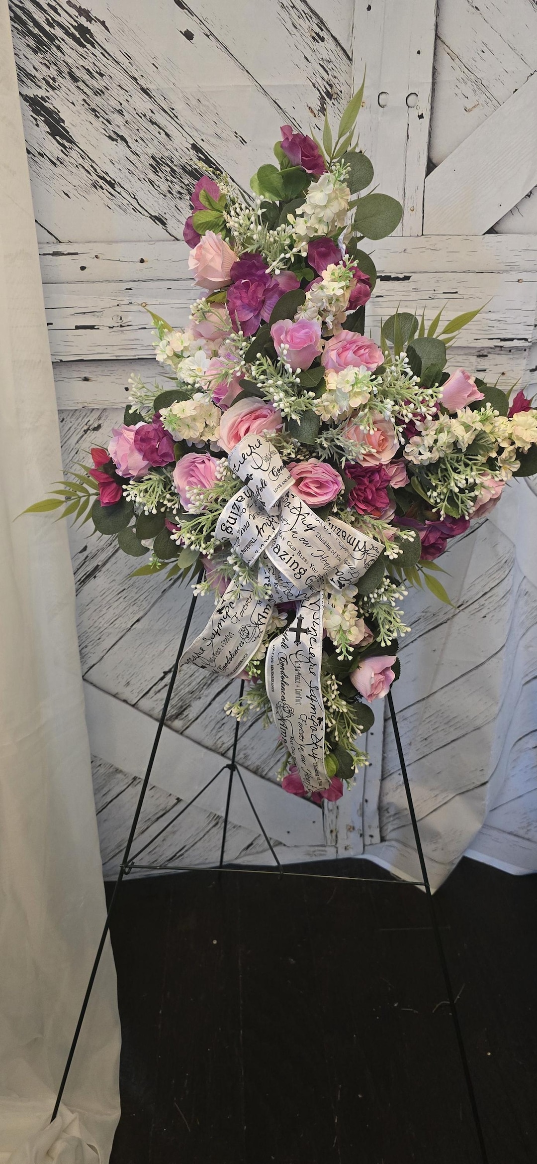 Pink & White Rose Cross Cemetery Arrangement: Sympathy Memorial Flowers ...