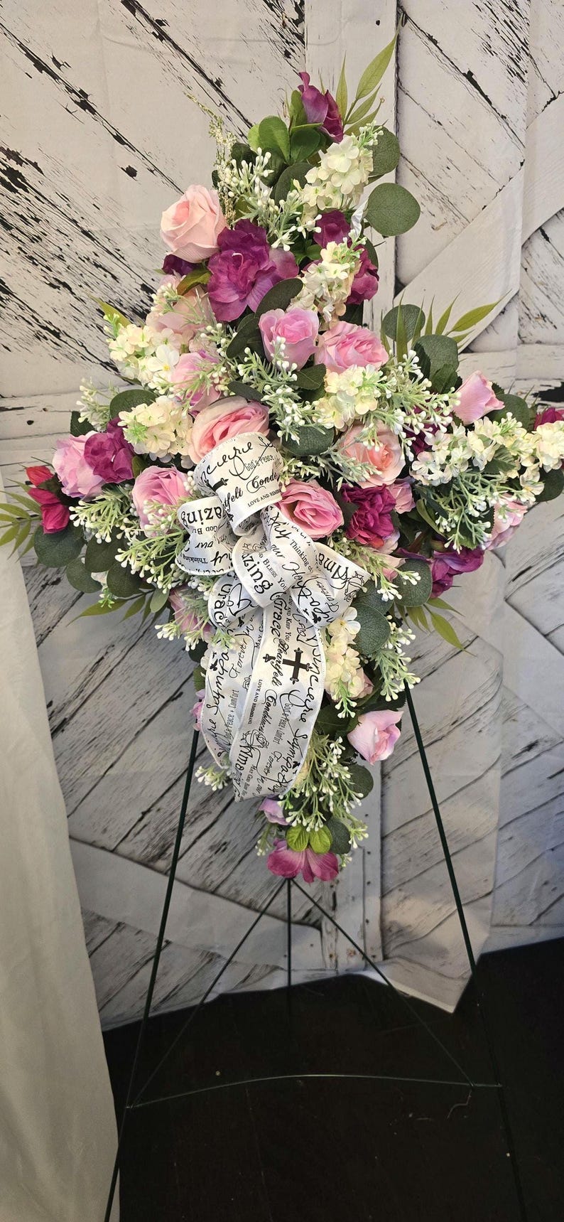 Pink & White Rose Cross Cemetery Arrangement: Sympathy Memorial Flowers ...