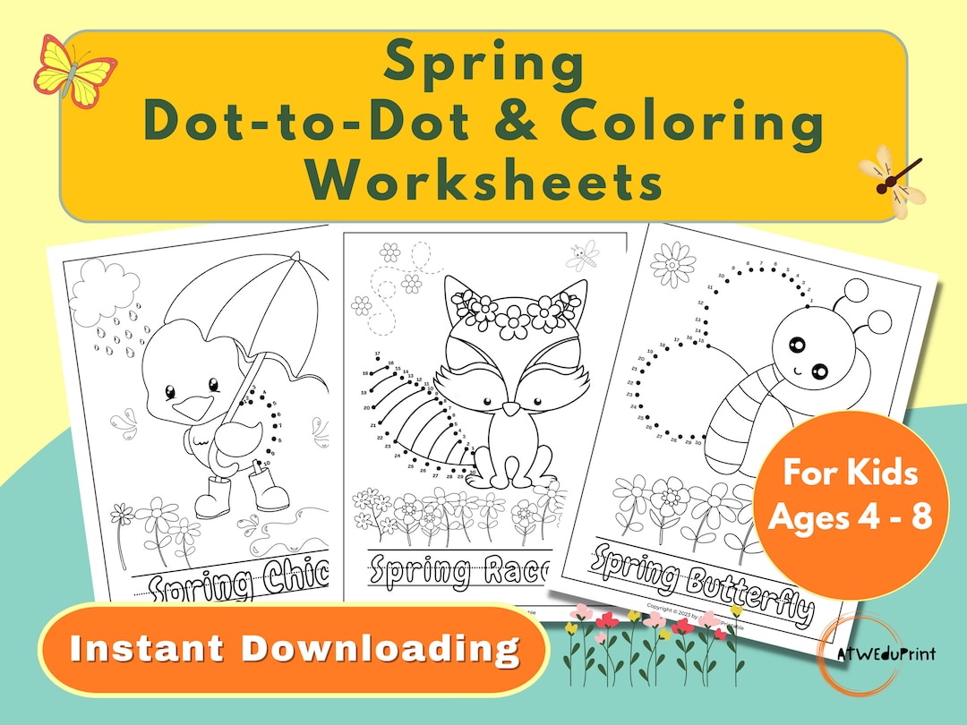 Spring Dot-to-dot and Coloring Worksheets for Kids - Etsy