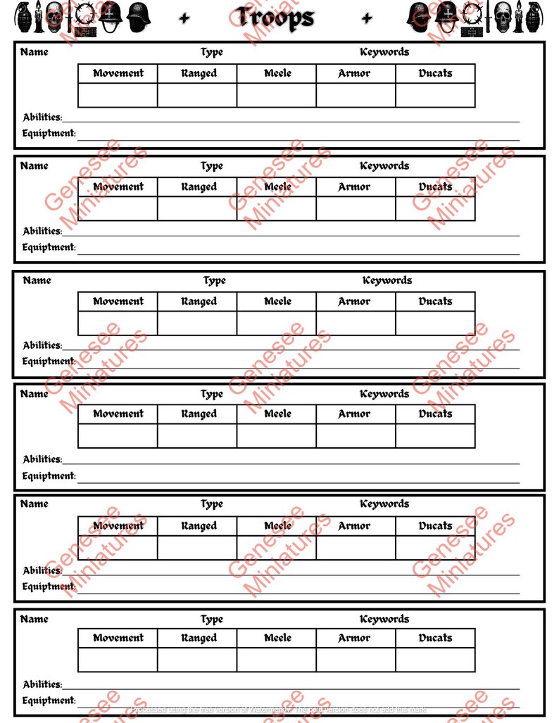 Trench Crusade Army Roster Sheet: Printable PDF (6 Pages) - Etsy
