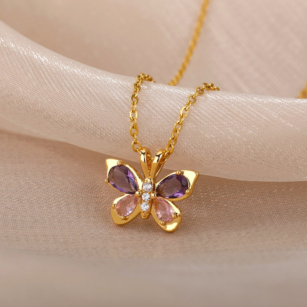 Gold Butterfly Necklace: Amethyst & Gemstone Pendant, Summer Jewelry - Etsy