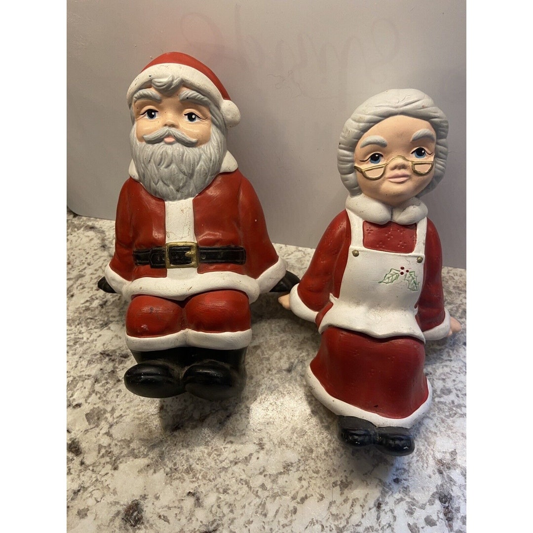 Vtg Christmas Santa & Mrs Claus Shelf Sitters Hand Painted Ceramic ...