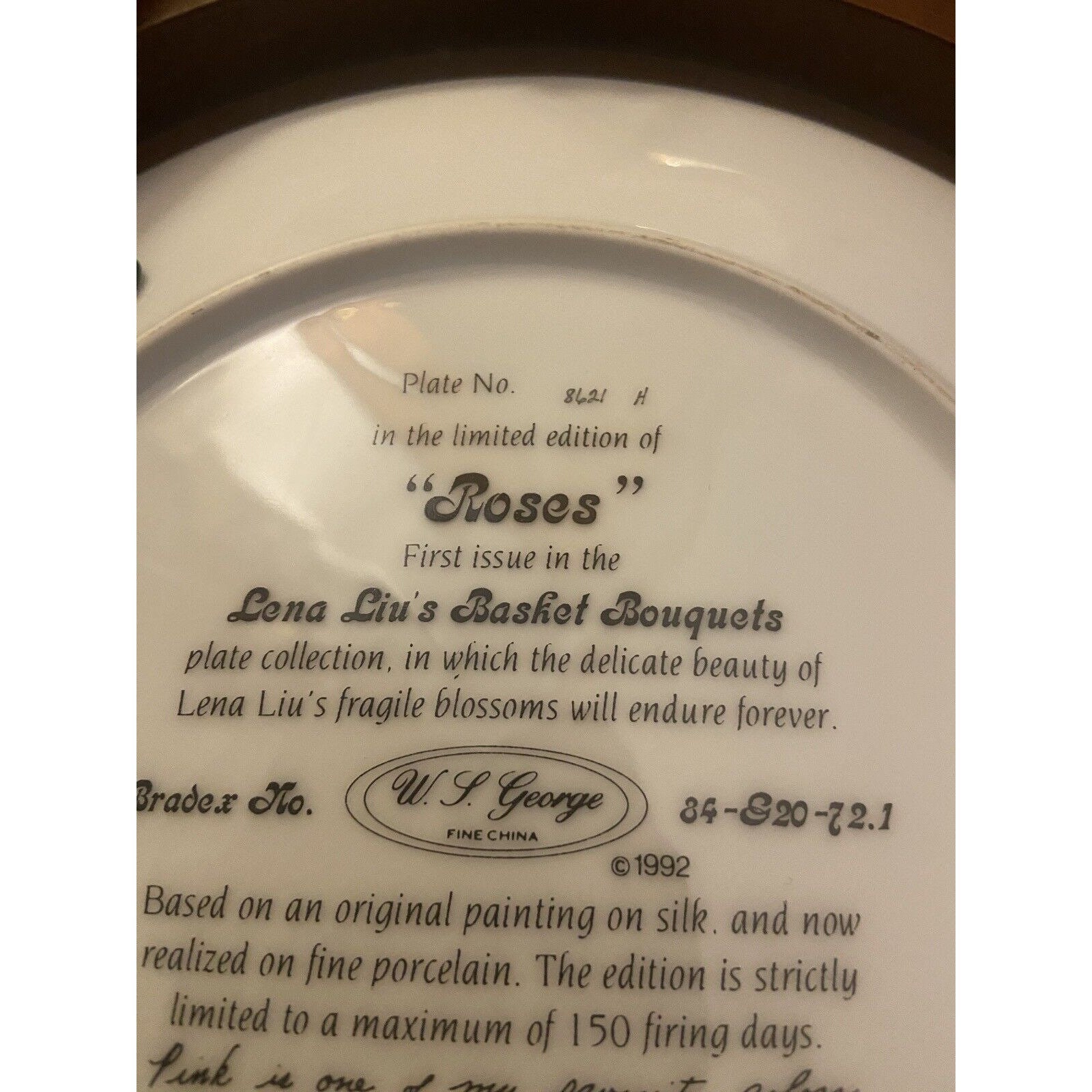Vtg Roses by Lena Lui Plate in Wooden Plate Frame 1992 Numbered ...