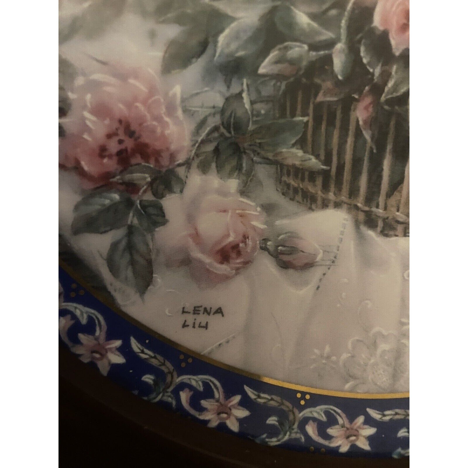 Vtg Roses by Lena Lui Plate in Wooden Plate Frame 1992 Numbered ...