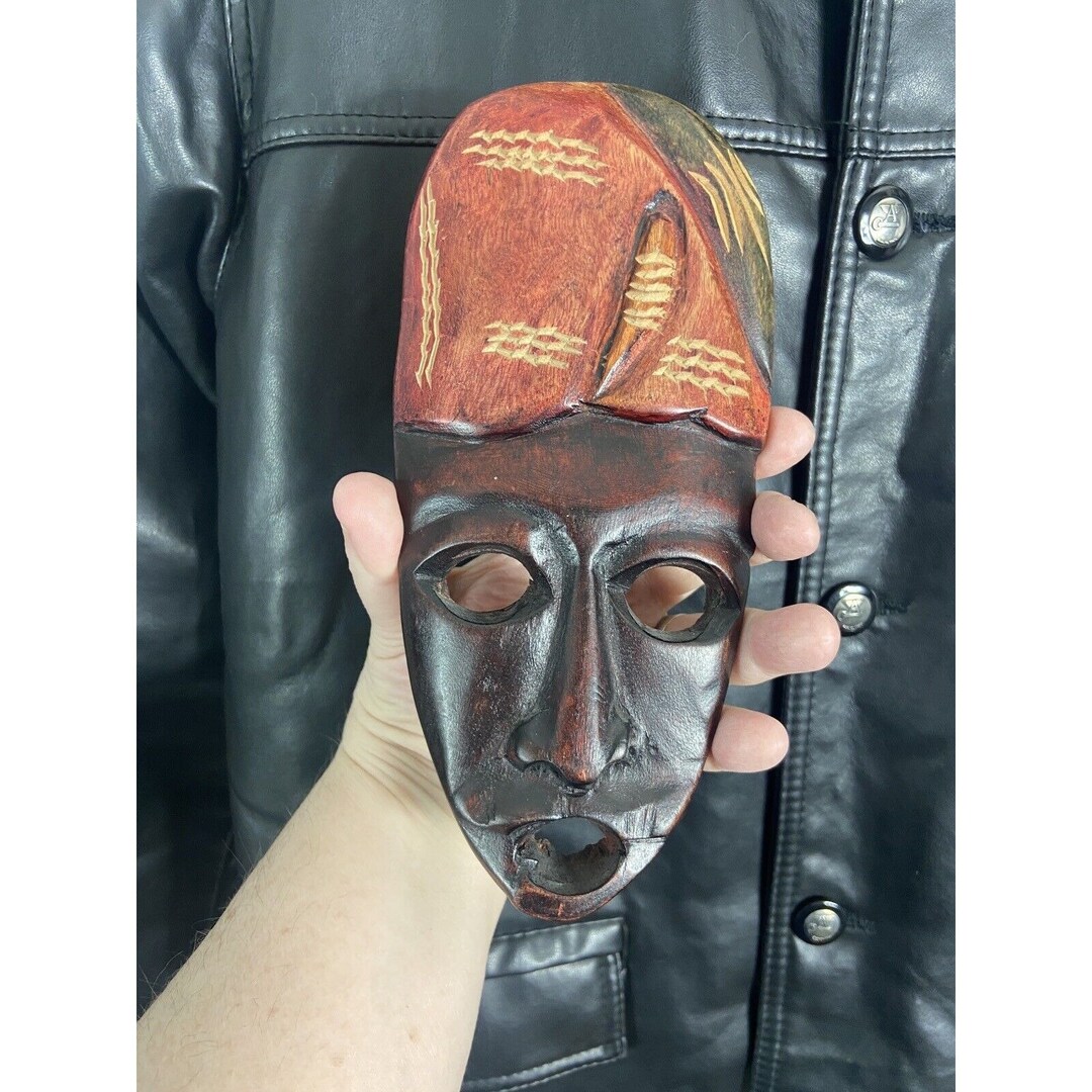 Vtg African Mask Carved Wooden Painted Face Cover Decor Wall Art 8.5x4 ...