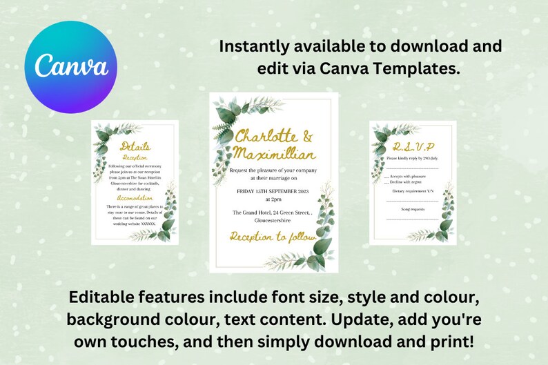 Greenery and Gold Wedding Invitation Template Set Classic - Etsy