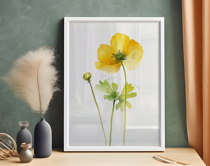 Buttercup Flower Painting Yellow Abstract Watercolor Print Kitchen Wall ...