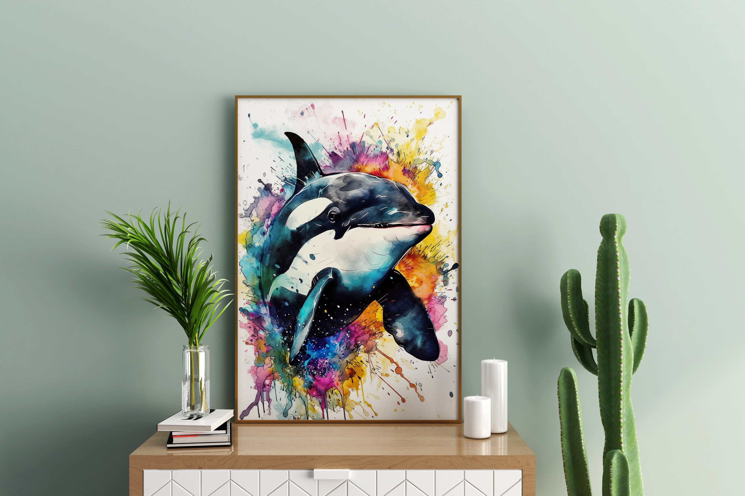 Orca Painting Watercolor Killer Whale Wall Art Canvas Poster Colorful ...
