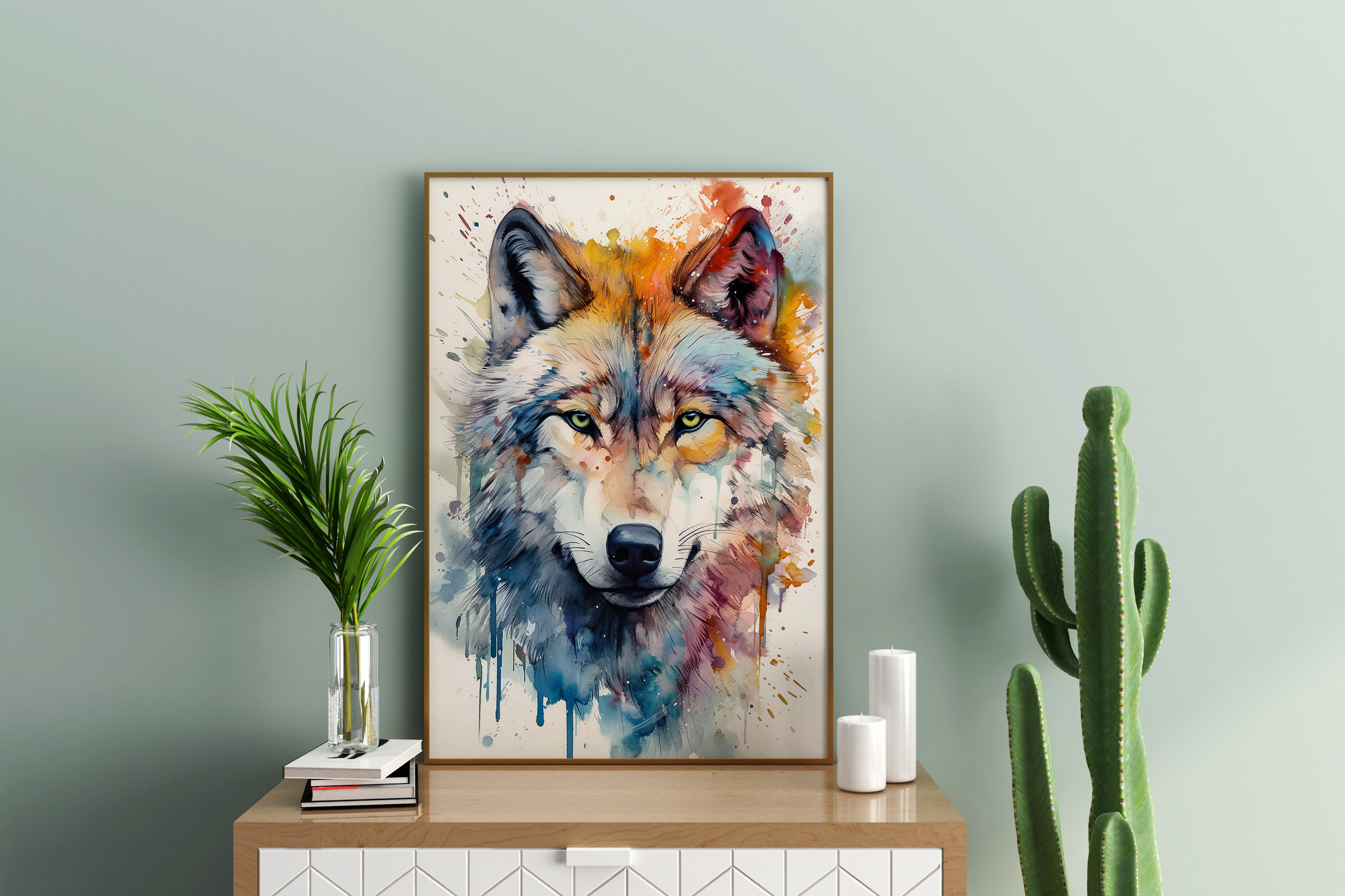 Watercolor Gray Wolf Painting Wall Art, Canvas Poster, Gift, Colorful ...