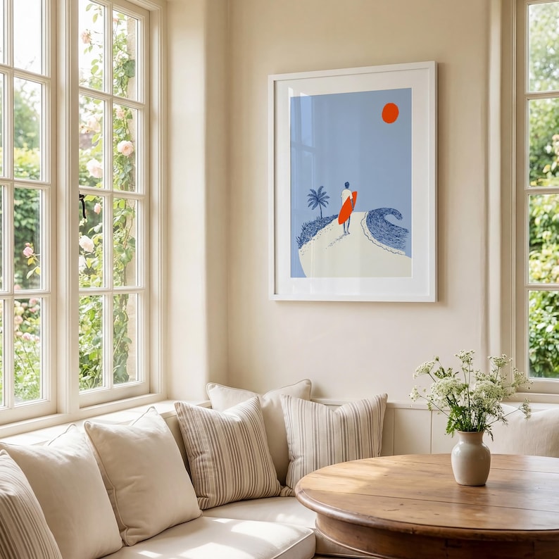 Surfer Walking Tropical Beach Line Art Print – Coastal Ocean Wall Decor ...