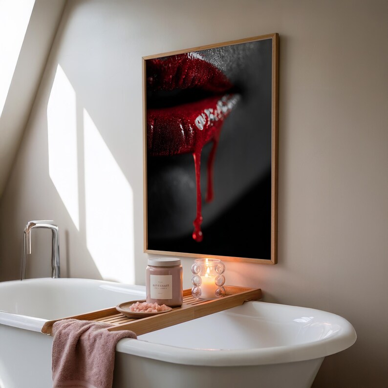 Dark Glamorous Red Lips Art Print: Dripping Liquid Gloss Fashion Wall ...