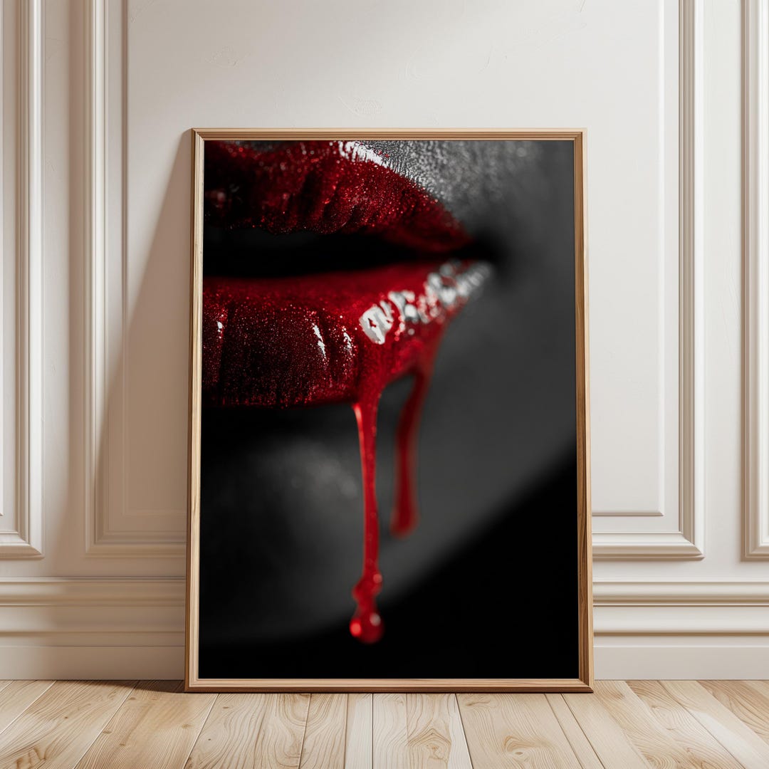 Dark Glamorous Red Lips Art Print: Dripping Liquid Gloss Fashion Wall ...