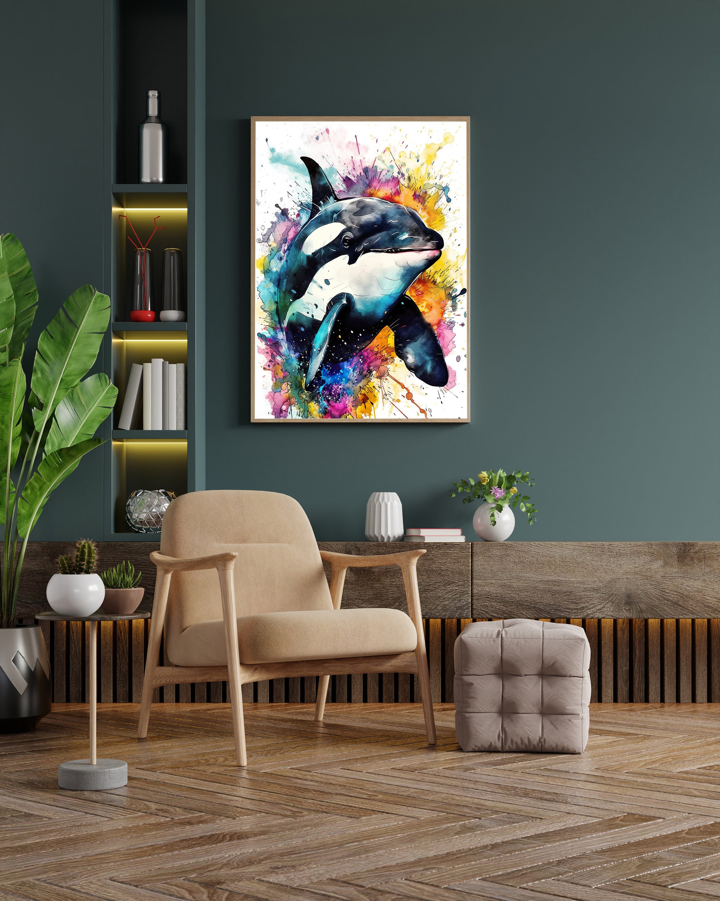 Orca Painting Watercolor Killer Whale Wall Art Canvas Poster Colorful ...